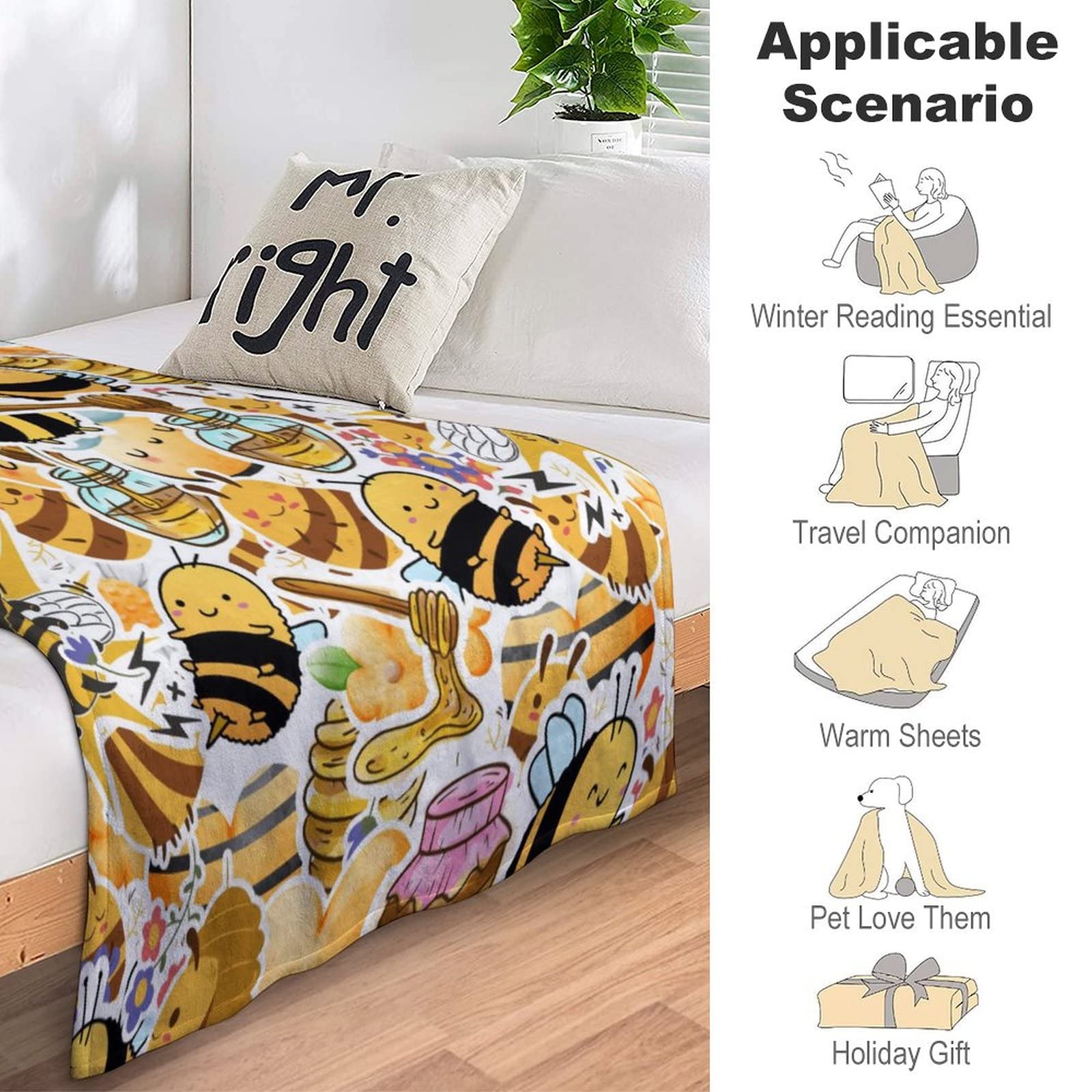 Bee Blanket Gifts - 60x50 Inches Cute Throw Blanket for Kids, Girls, Boys - Yellow Soft Plush Blankets for Bed, Couch & Travel