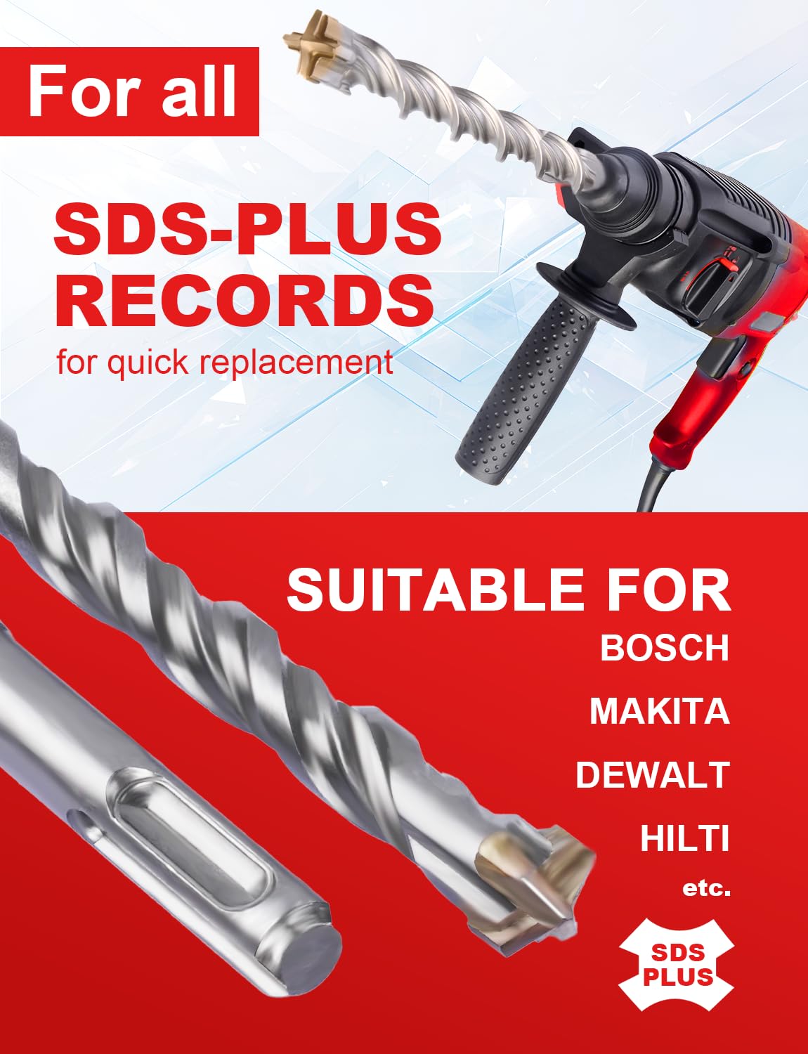 ZKH 10 Pcs SDS Plus Bits Set, (3/16'',1/4'',5/16'',3/8",1/2"), Carbide Tipped(YG8, Rotary Hammer Drill bits for Concrete, Cement, Stone, Brick, Ceramic Pots & More