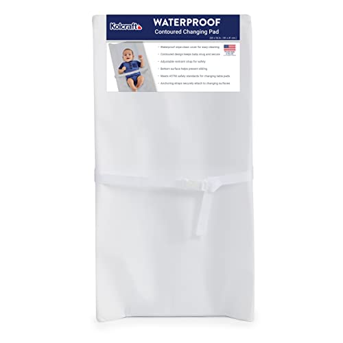 Kolcraft Waterproof Contoured Baby Diaper Changing Pad for Dresser or Changing Table, Easy Clean, Soybean Enhanced Foam, Safety Restraint Belt and Anchoring Straps, Made in USA - White, 17" x 33"