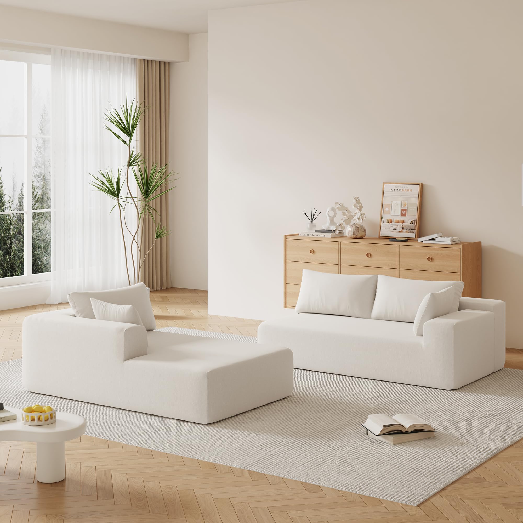 GNIXUU Chenille Modular Sectional Sofa, Modern Minimalist 2 Pieces Deep Cloud Sectional Couches for Living Room, Comfy Upholstered 4-Seater L-Shaped Sofa with Chaise(109" Cream White)