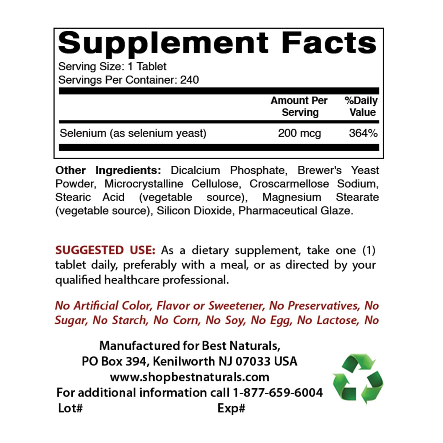 Best Naturals Selenium 200 mcg 240 Tablets - 3rd Party Lab Tested