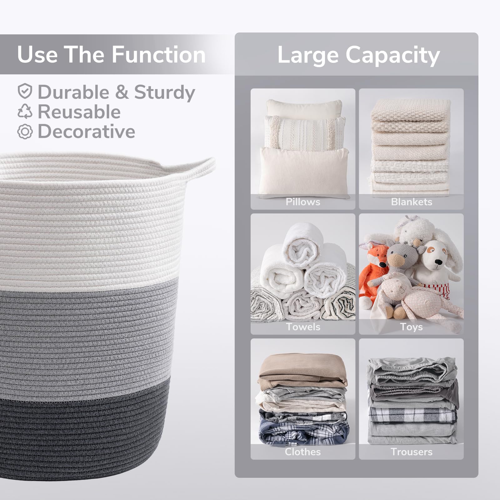 INDRESSME 17¾ x 15¾ x 13¾ inches Grey Baby Laundry Basket Thread Cotton Rope Basket Toy Storage Basket Organizer Tall Woven Basket Blanket Storage Baby Laundry Nursery Hamper for Living Room Toy Gifts