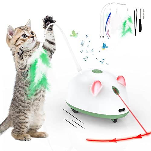 Bumfey 4-in-1 Automatic Cat Mice Toys for Indoor Cats, Interactive Electric Moving Cat Toys with Feather, LED Lights, Bird Sound, Laser, Smart Kitten Toys for Pet Exercise Playing