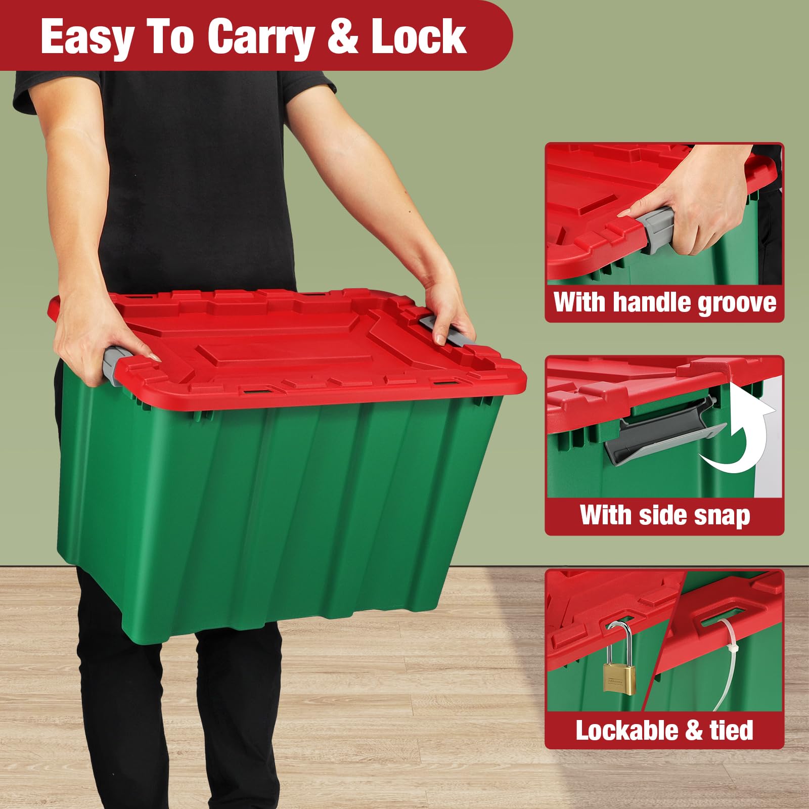 BROVIEW V12 16 Gal Heavy Duty Plastic Storage Bins with Lock Hole & Handle, Stackable Tough Tote Storage Box Containers with Latching Lids for Christmas Holiday Ornament (Green Base/Red Lid, 4 Pack)