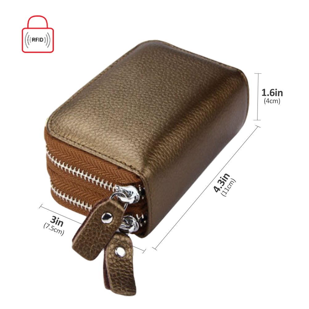 Business Card Holder Leather Credit Card Holder for Women RFID Blocking Wallet Zipper Card Case ID Organizer with 9 Card Slots Bronze Gift for Women