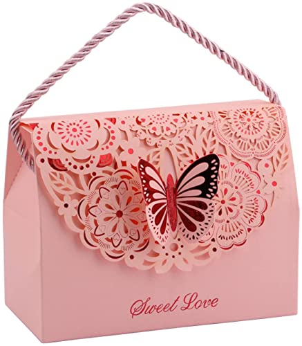 Driew Butterflies Purse Party Favor bags, 20 Pack Baby Shower Candy Gift Chocolate Favor Box Set with Handle for Wedding Decorative, Anniversary, Birthday Parties, Bridal Showers - Pink, 5.8"x2.9"x4.3"