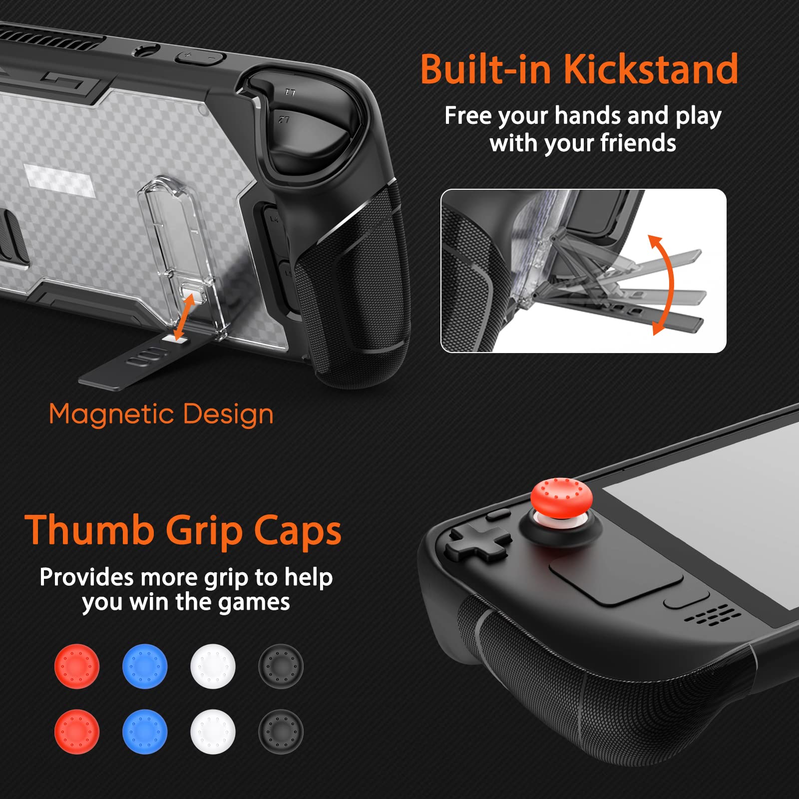 Adjustable Kickstand Case for Steam Deck/OLED with Screen Protector, [Military Grade Protective], Clear Cover Accessories Kit with 8 Thumb Grips, Black