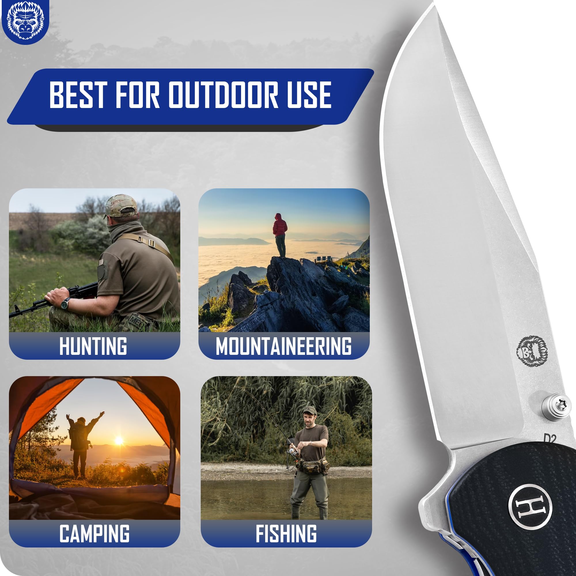 Holtzman's Gorilla Survival 'Wrangler' Folding Knife featuring D2 Steel Blade with G10 Handle in Gift Box Set (Silver+Blue)