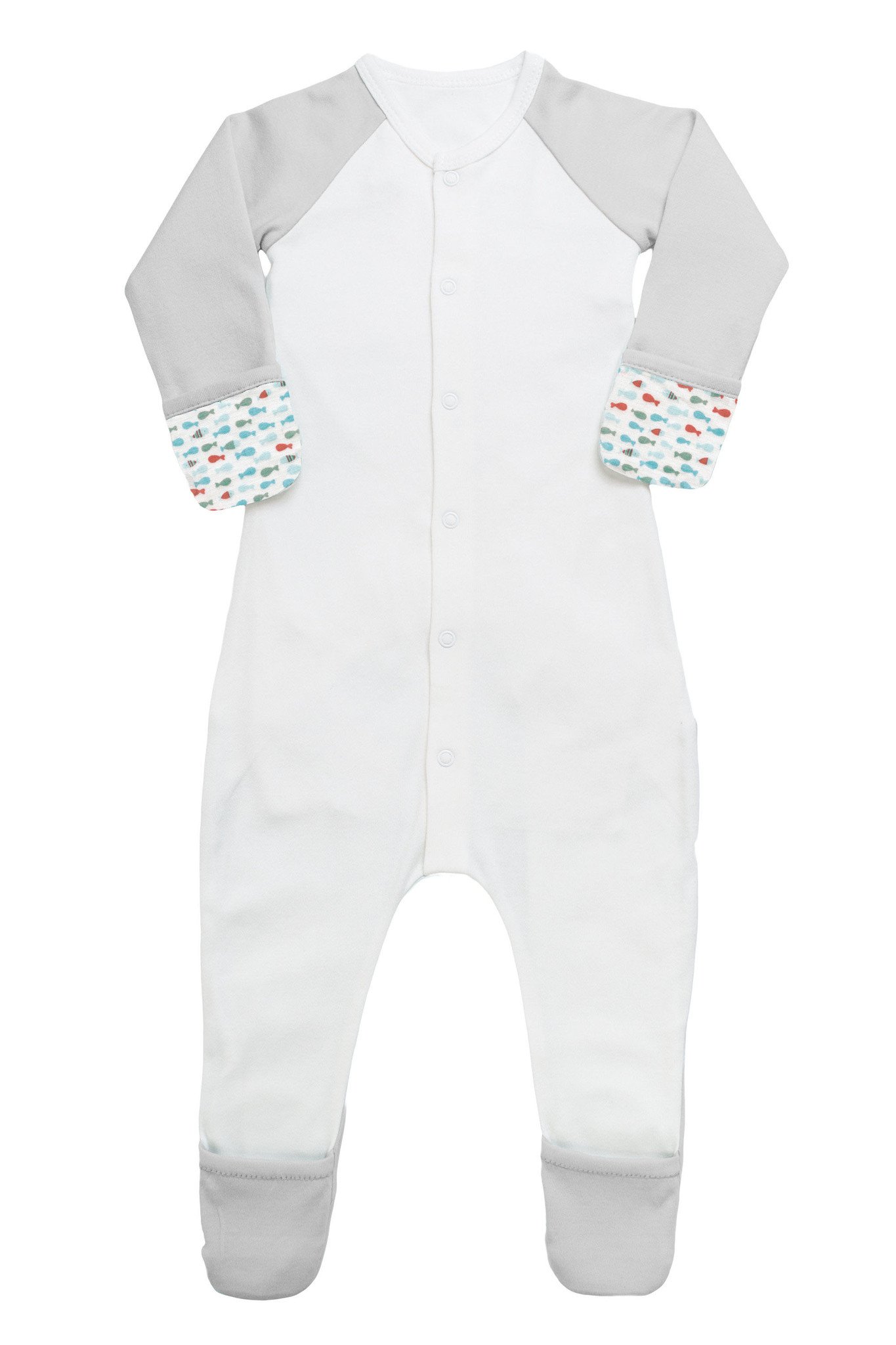 goumikids Goumi'all, Smart Adjustable Footie Baby Pajamas Made With Soft, Organic Material - School Of Fish (Gray), 0-3 Months