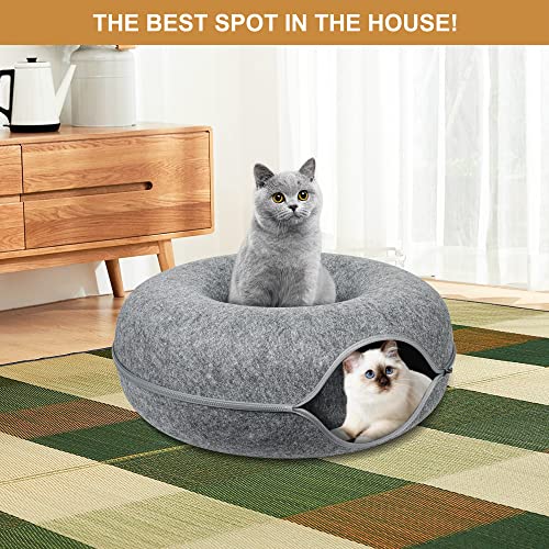 Cat Tunnel Bed, Cat Cave Bed ,Beds for Indoor Cats - Large Cat House for Pet Cat Cave ,Detachable Round Felt & Washable Interior Cat Play Tunnel for Small Pets (24 Inch, Dark Grey)