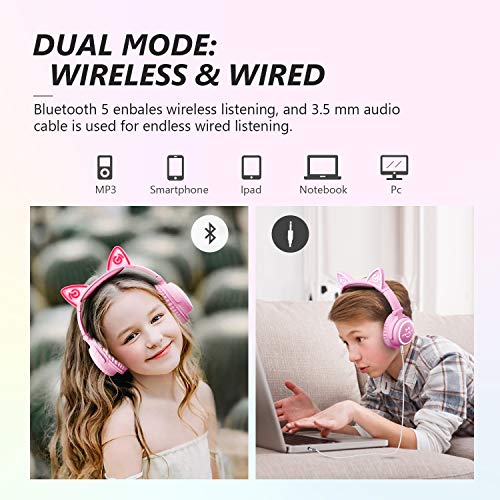 Mindkoo Cat Ear Bluetooth Headphones Pink, LED Light Up Over Ear Wireless Headphones with Microphone, Comfort Foldable Headset for Kids & Adults