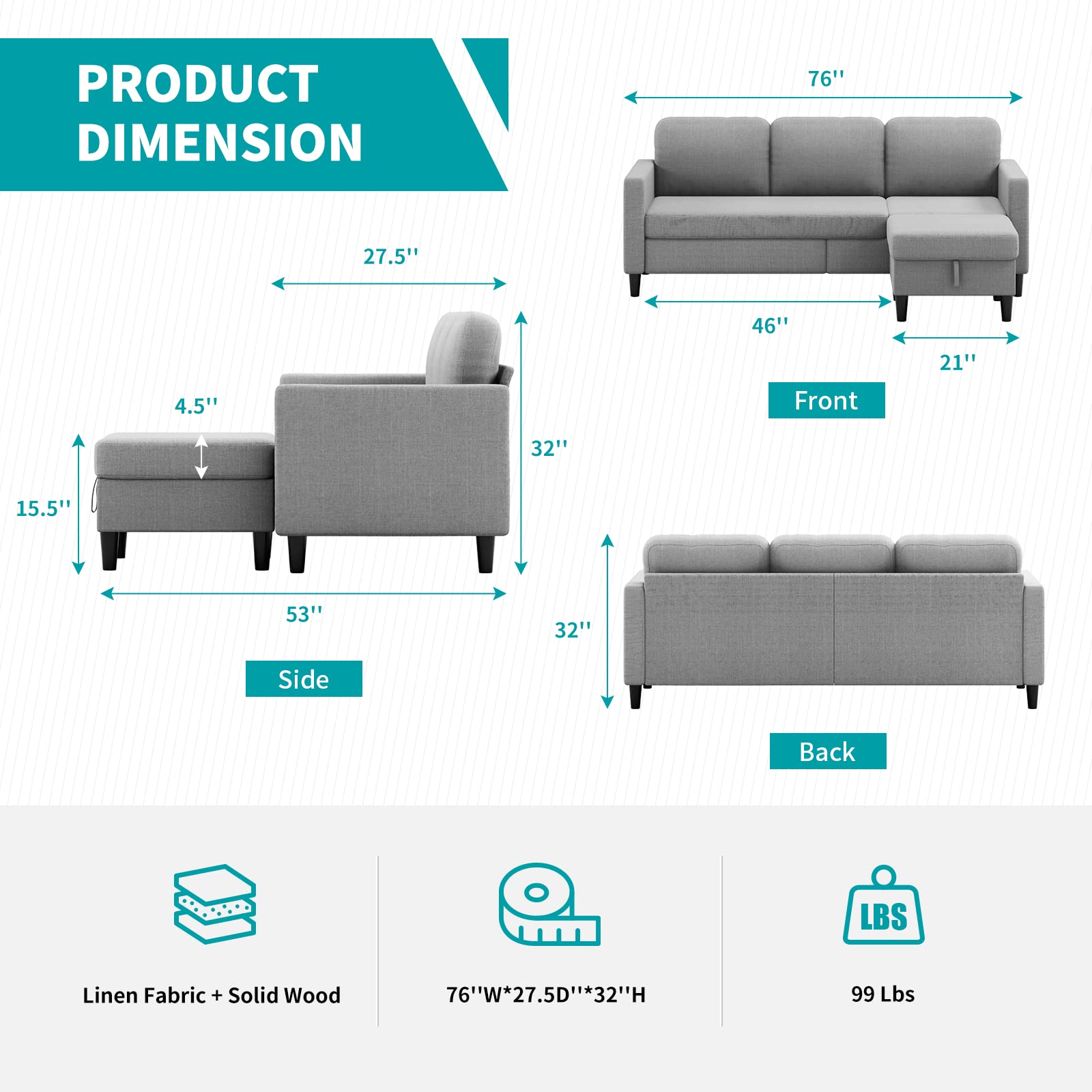 BALUS Convertible Sectional Sofa Couch, 3-Seat L-Shaped, Free-Form with Movable Storage Ottoman, Modern Design for Living Room and Office Spaces, Comfortable and Versatile(Light Gray)