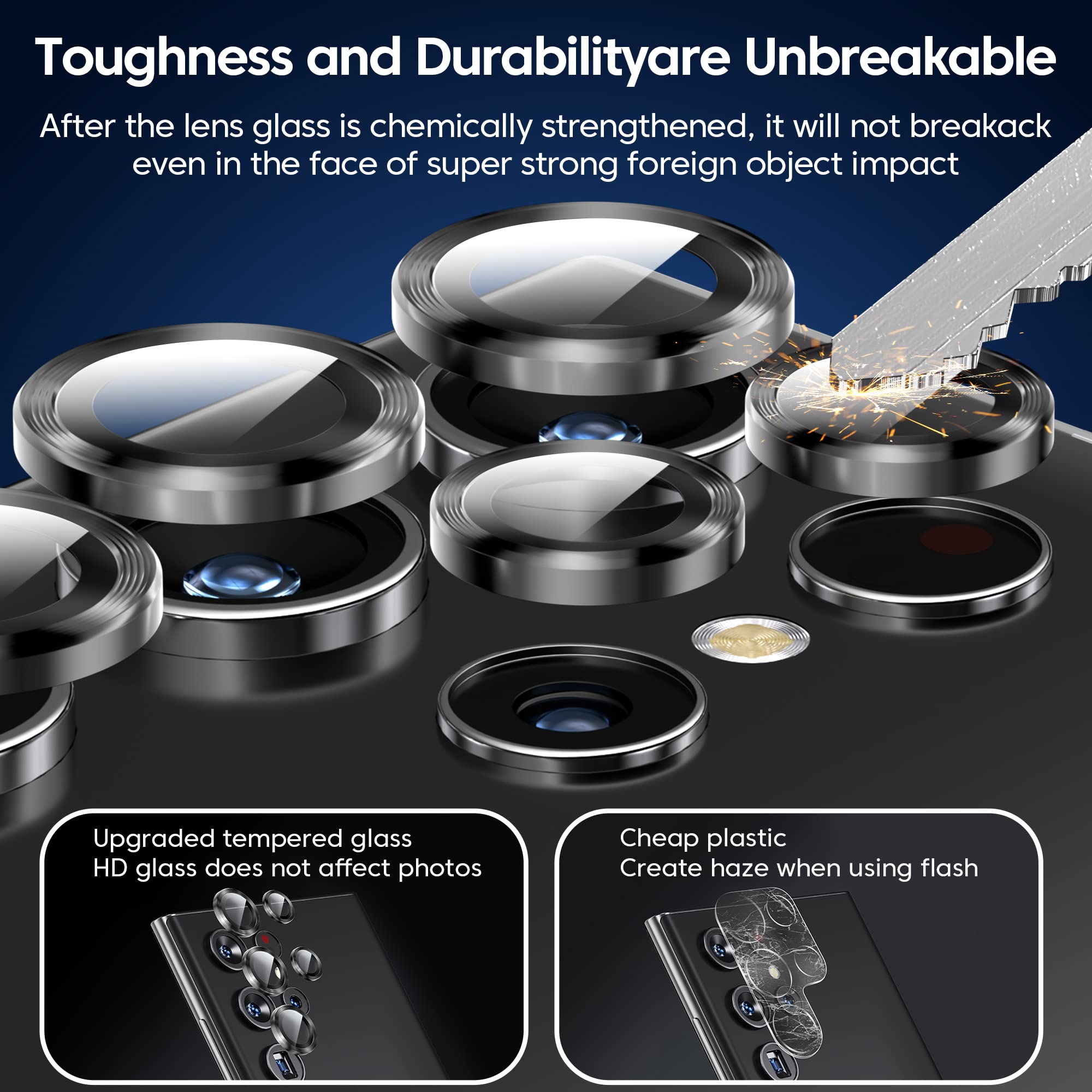 Arshek [5+5 PCS] for Samsung Galaxy S23 Ultra Camera Lens Protector, Keep Lens Original Design, 9H Tempered Glass Metal Ring Camera Cover Screen Protector Case Friendly Night Shot Mode HD Clear