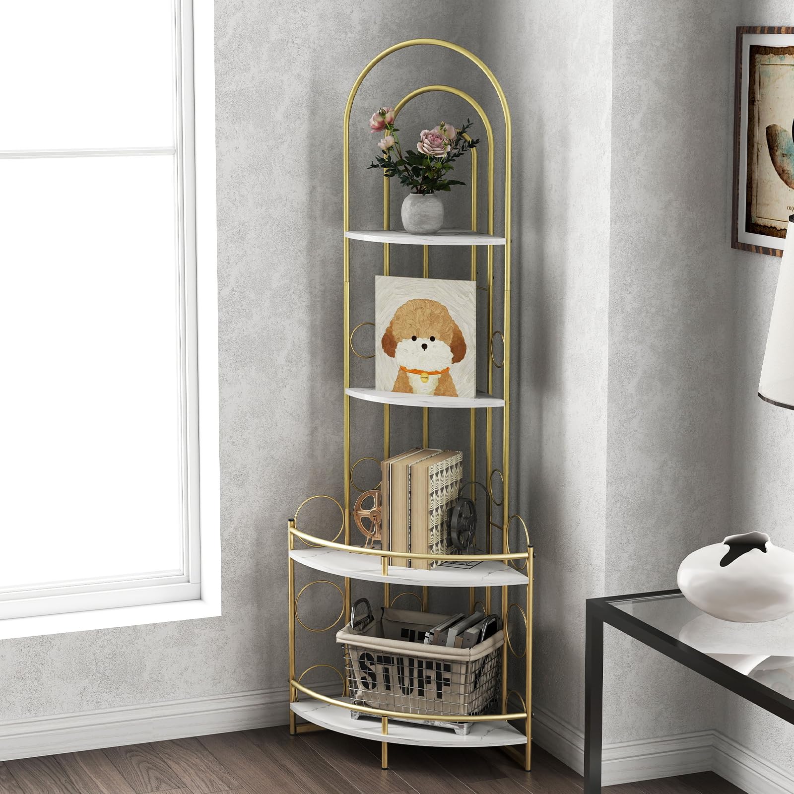 Arched Bookshelf,4 Tier Corner Shelf Stand,Open Bookshelf,Gold Bookcase for Living Room,Home Office, Study, Bedroom,Bathroom Modern Style(White + Gold)