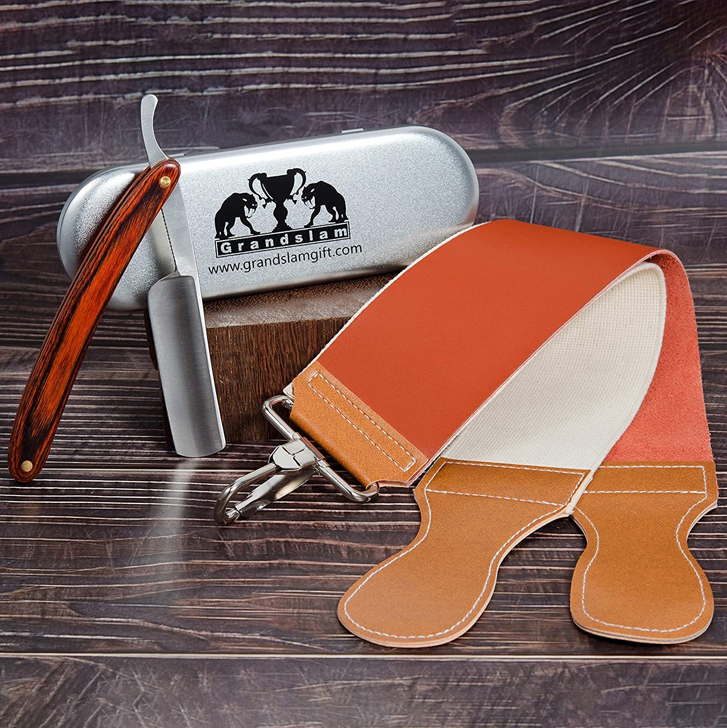 Grandslam Pro Natural Wooden Handle 420 Stainless Steel Straight Razor with Premium Leather Strop,Straight Razor Shaving Kit for Men,2 Layers Leather Canvas Strop Sharpening Strop Brown