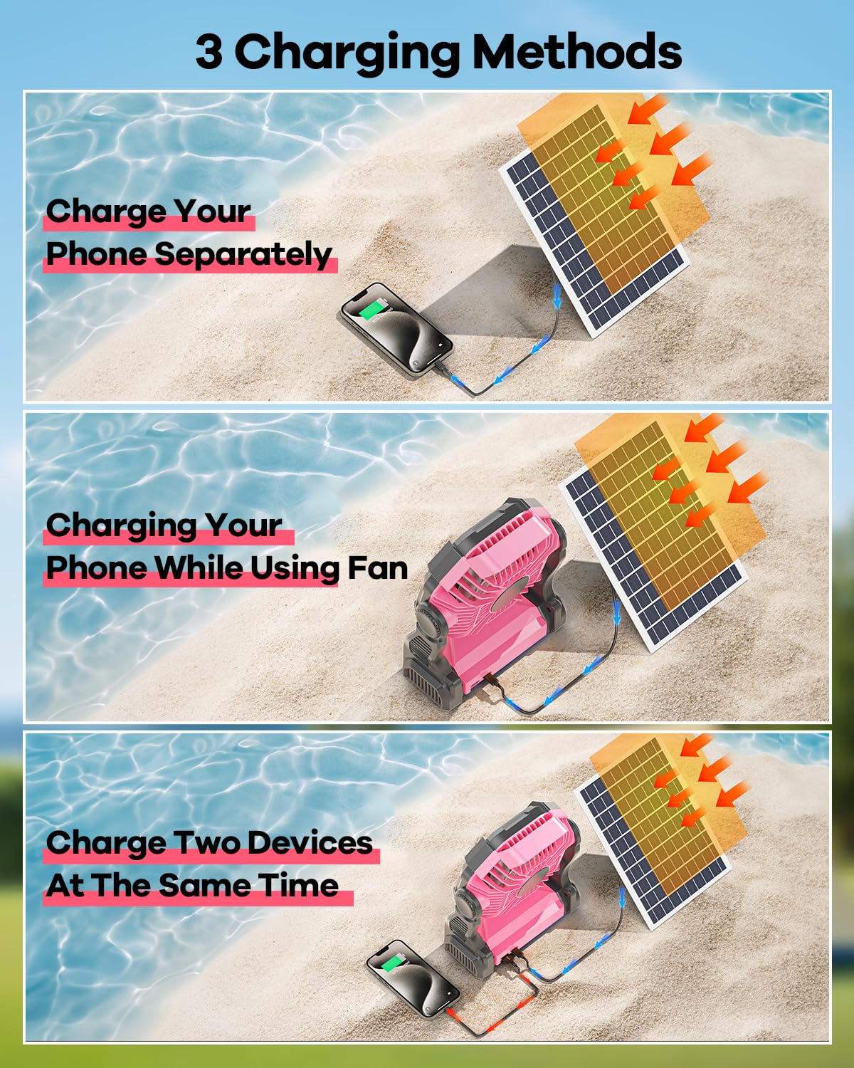 Art In Real 10400mAh Solar Powered Fan, Portable Solar Fan with LED Lantern, Camping Fan with 7W Solar Panel, Stepless Speed Battery Powered Fan for Travel, Camping,Office,Outdoor&Indoor(Pink)