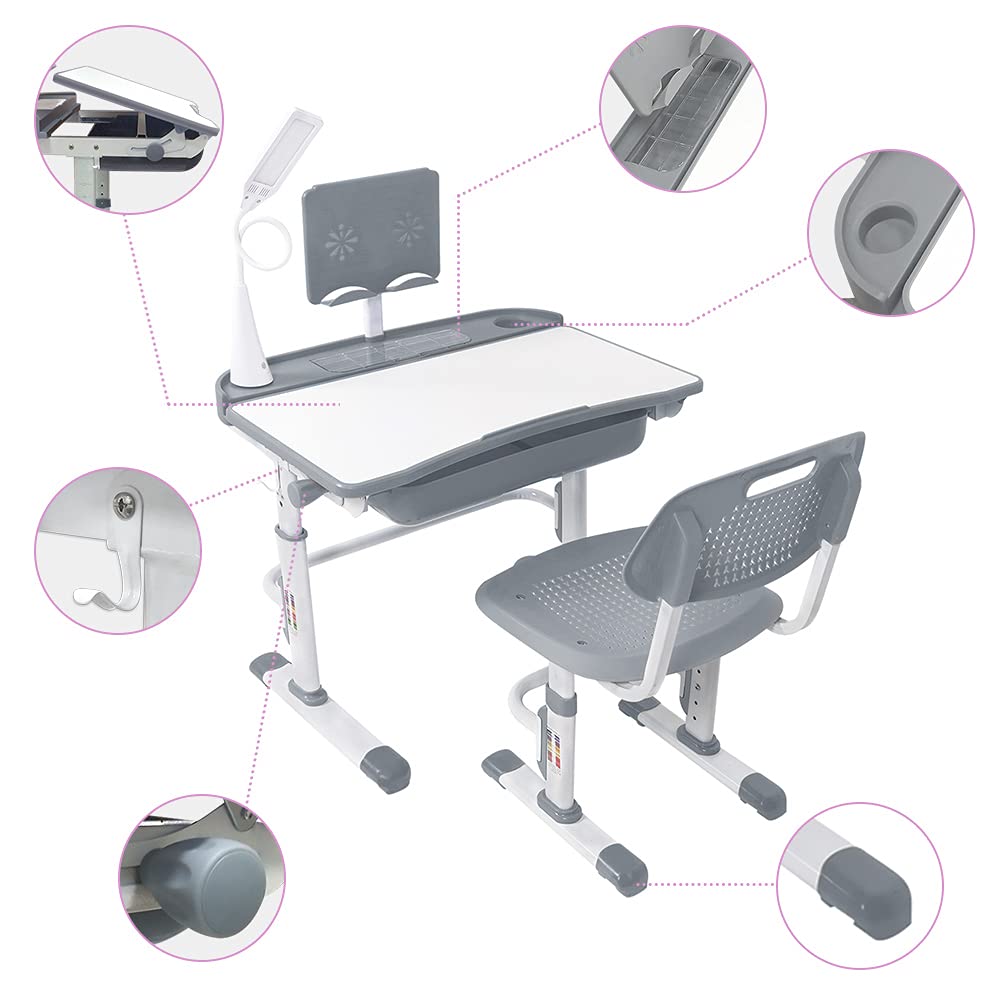 LVYUAN Kids Desk and Chair Set, Height Adjustable Kids Study Desk for Bedroom, Desk for Kids with Tiltable Desktop, 3 Modes Light, Go Back School Desk, Grey