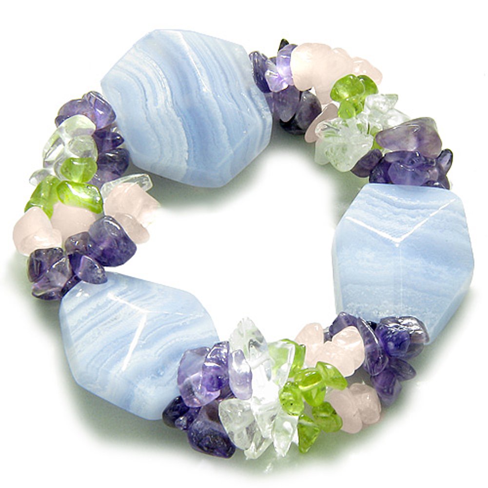 Amulet Large Faceted Blue Lace Agate with Gemstone Chips Bracelet