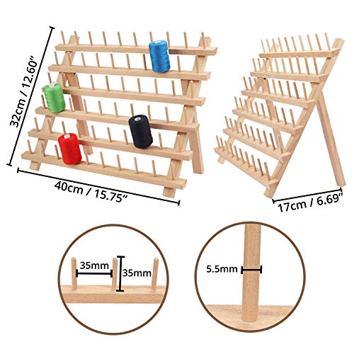Kurtzy 60 Spool Wooden Thread Rack Holder - Thread Organiser Stand with Wall Hanging Hooks - Standing or Wall Mounted - Beech Wood Sewing Spool Holder for Embroidery, Quilting and Sewing Threads