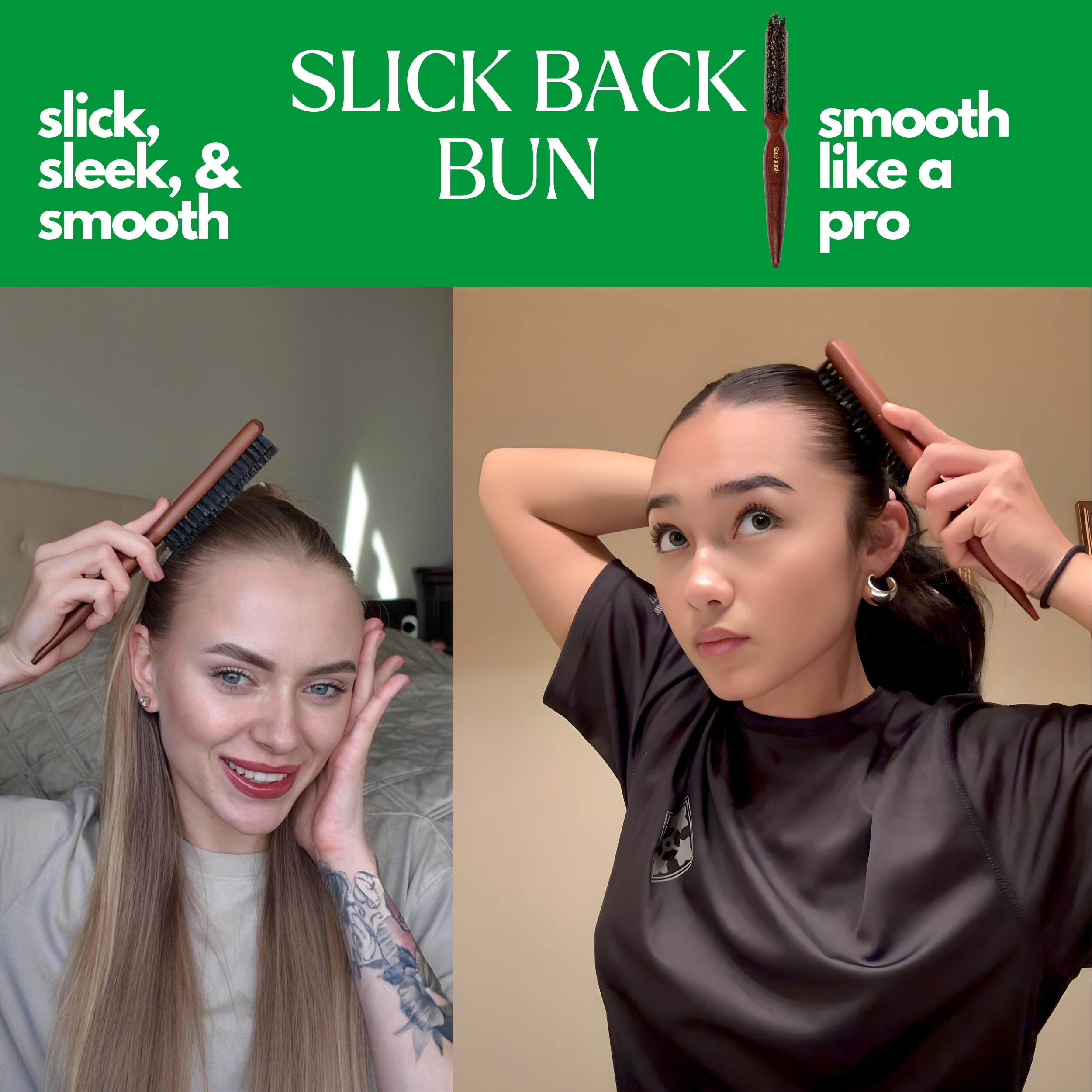 GranNaturals Teasing Boar Bristle Hair Brush for Women - Slick Back Comb with Rat Tail Pick for Hair Sectioning Used for Edge Control, Backcombing, Smoothing, and Styling Fine Hair to Create Volume