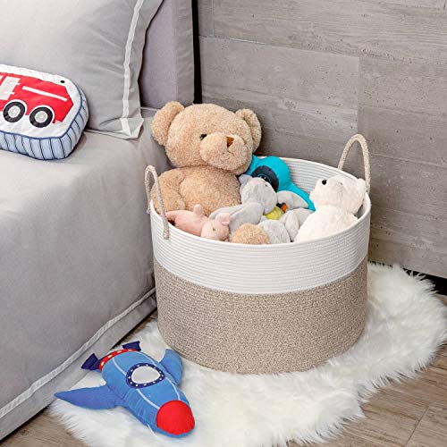 MINTWOOD Design Extra Large 22 x 14 Inches Cotton Rope Blanket Basket Living Room, Woven Laundry Basket, Toy Storage Baskets Bin, Decorative Round Pillow Towel Basket with Handles