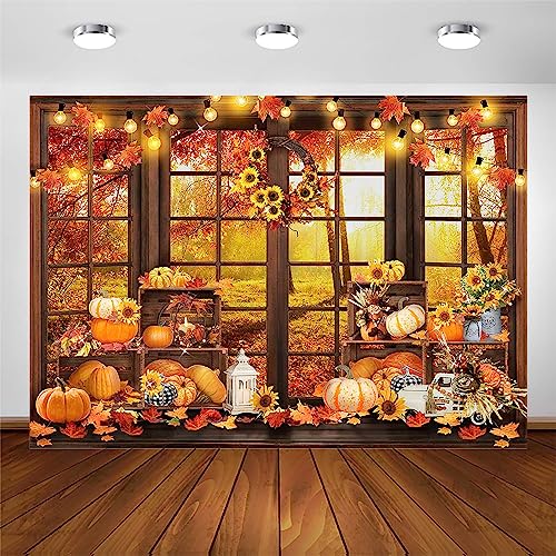 Avezano Fall Backdrops for Photography Sunflowers and Pumpkin Harvest Portrait Photo Background Rustic Window Autumn Forest Scene Thanksgiving Holiday Party Decorations Banner Props (7x5ft)