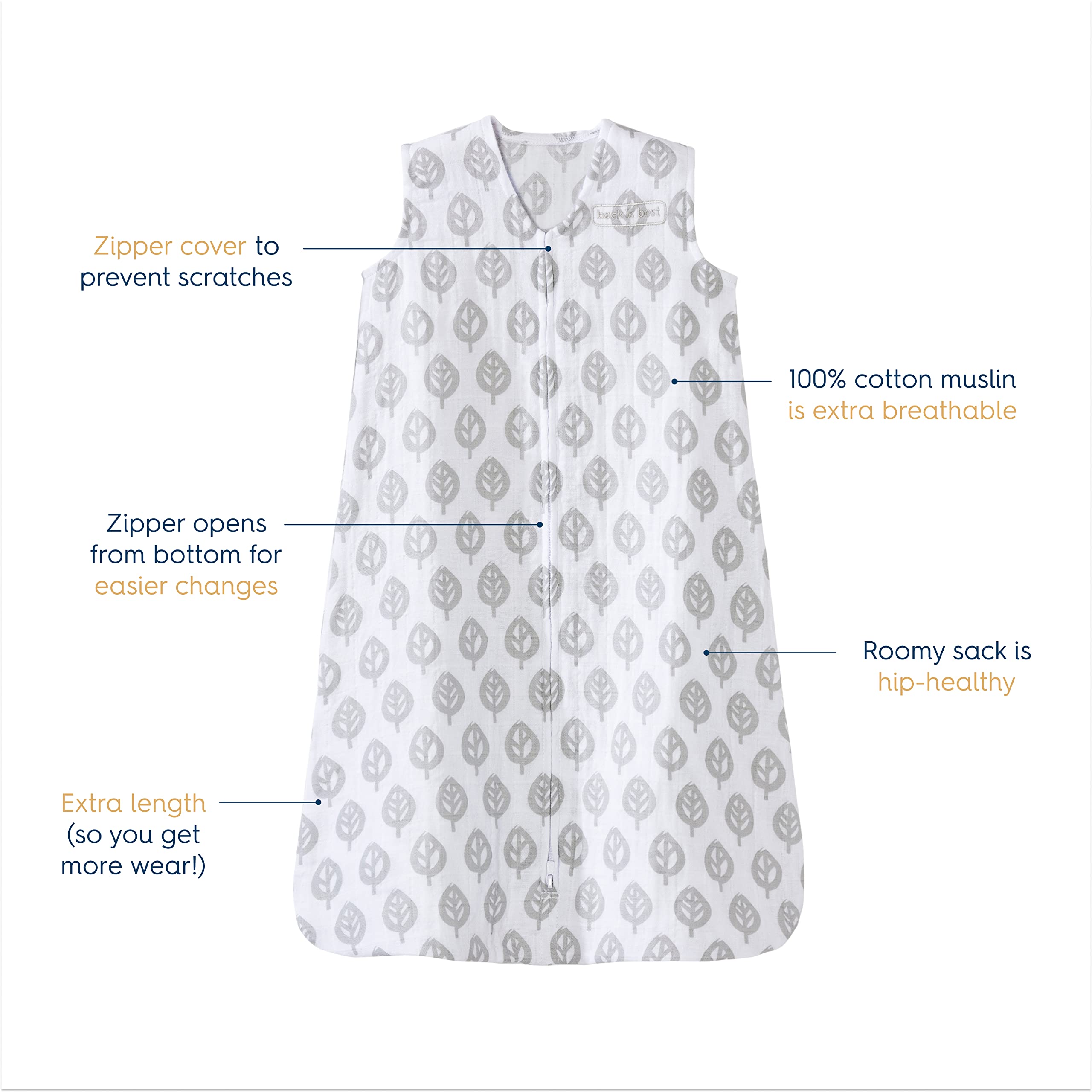 HALO Sleepsack, 100% Cotton Muslin Wearable Blanket, Swaddle Transition Sleeping Bag, TOG 0.5, Grey Tree Leaf, X-Large, 18-24 Months