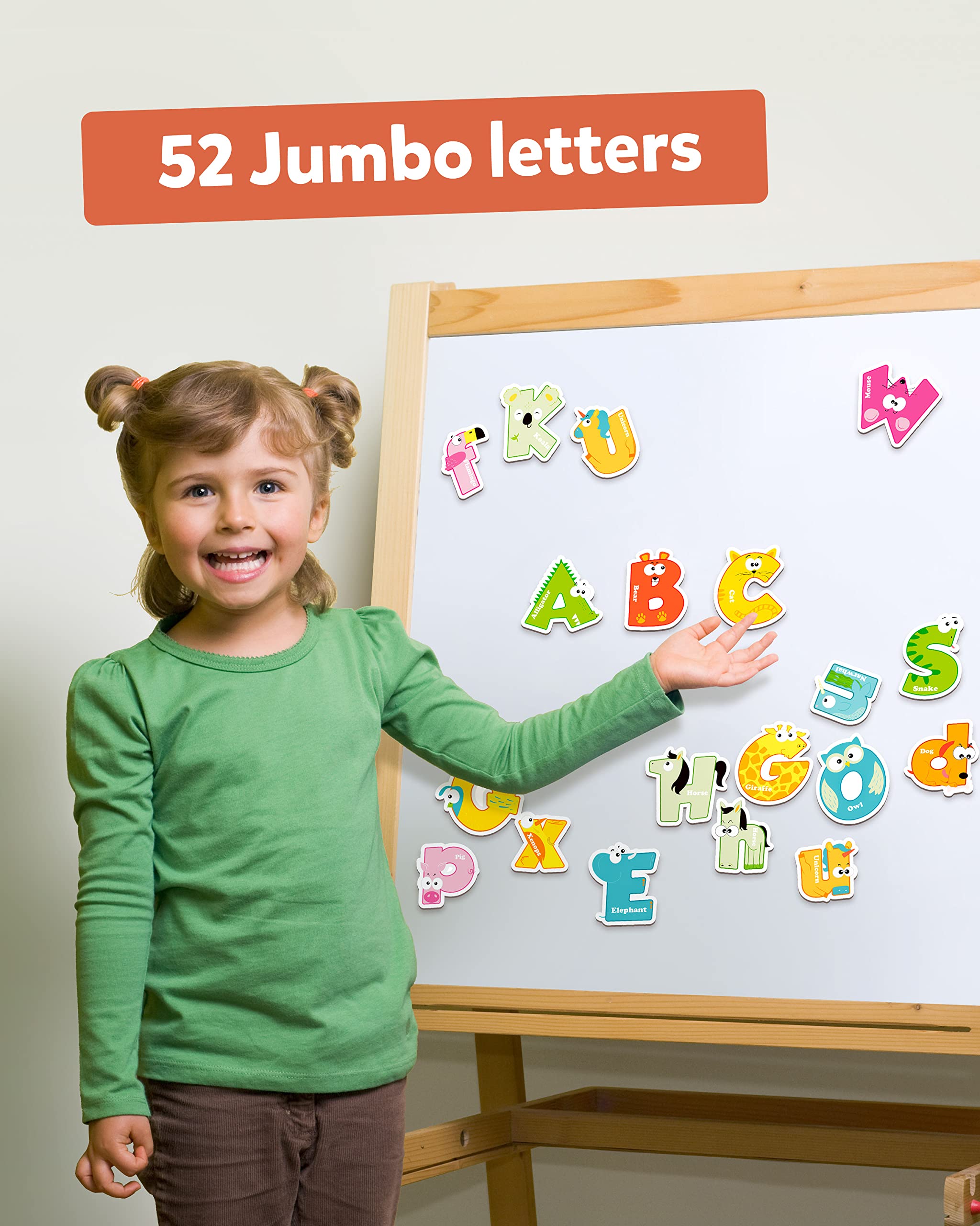 Coogam Jumbo Magnetic Letters Set 52Pcs ABC Alphabet Colorful A-Z Animal Uppercase Lowercase Fridge Magnets Preschool Educational Toy Learning Spelling for 3 4 5 Year Old Toddler Kids