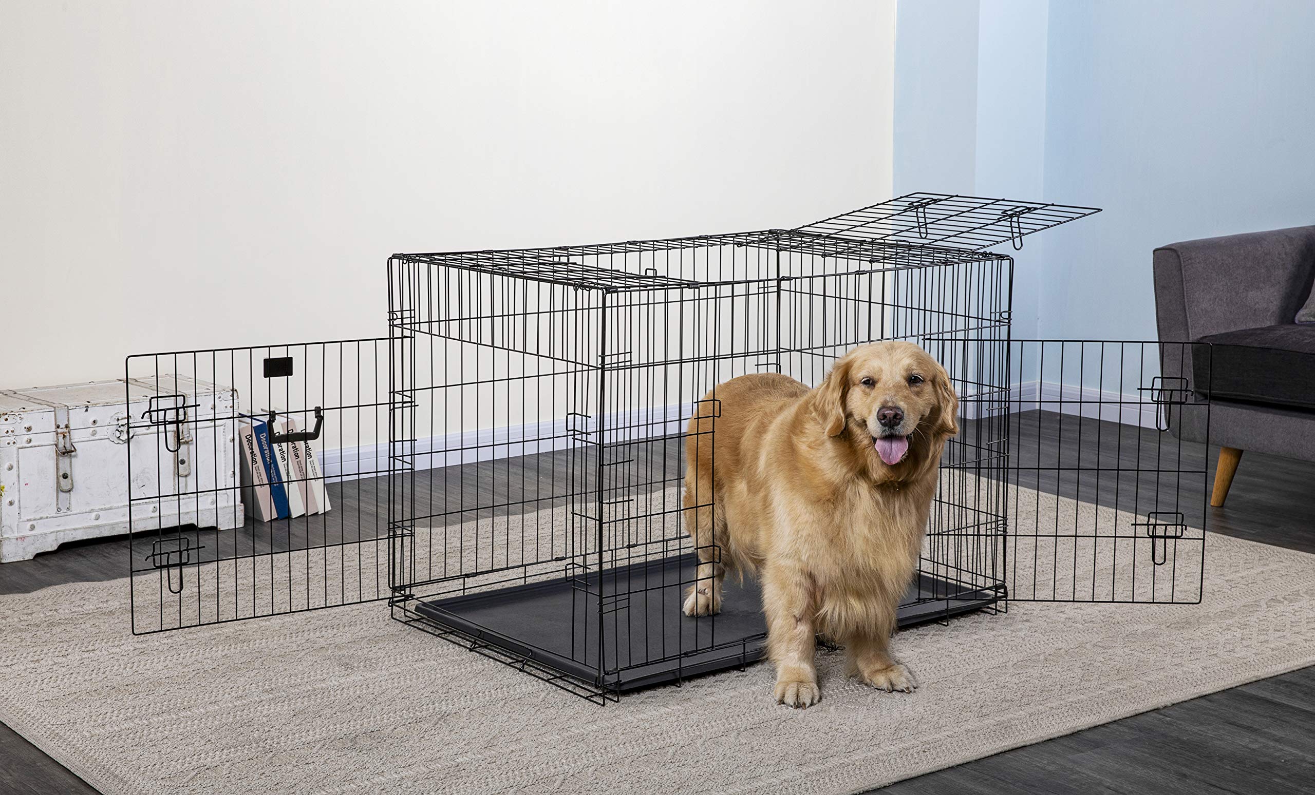 Go Pet Club 36-Inch Three Door Folding Metal Wired Cage Crate Dog Kennels Outdoor and Indoor Pet with Divider Panel, Removable Tray and Handle, Black