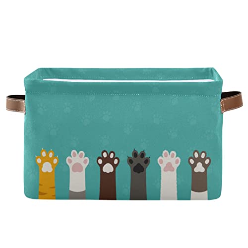 Kigai Foldable Rectangular Storage Baskets - Fabric Shelves Storage Bins with Leather Handles for Organizing Closet Clothes, Toys, Towels, Bedroom, Bathroom, Nursery, Office (Cute Cat Paws,1 PCS)