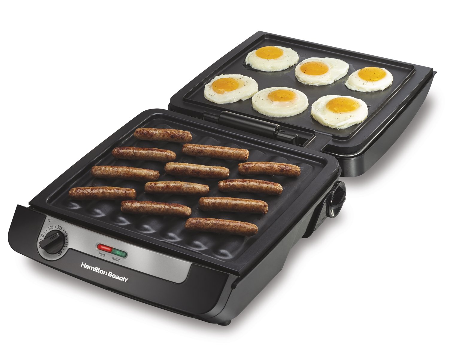Hamilton Beach 3-in-1 Indoor Grill and Electric Griddle Combo and Bacon Cooker, Opens 180 Degrees to Double Cooking Space, Removable Nonstick Grids, (25600)