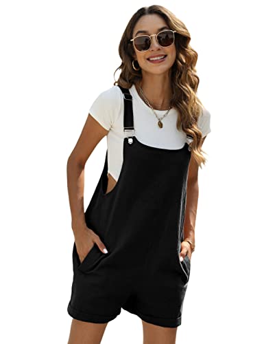 Fiona Jolin Women's Summer Cotton Linen Short Overalls Casual Bib Overall Shorts Rompers with Pockets (Black-Large)