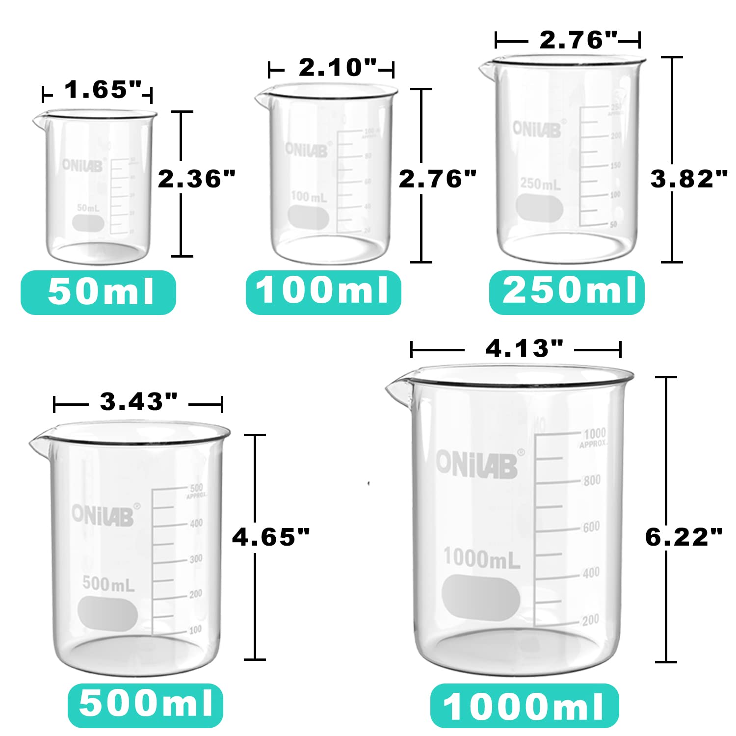 ONiLAB Glass Measuring Beaker Set 50ml 100ml 250ml 500ml 1000ml(Pack of 5) 3.3 Boro Griffin Low Form with Printed Graduation Scientific Glassware for Laboratories, Classrooms or Home Use