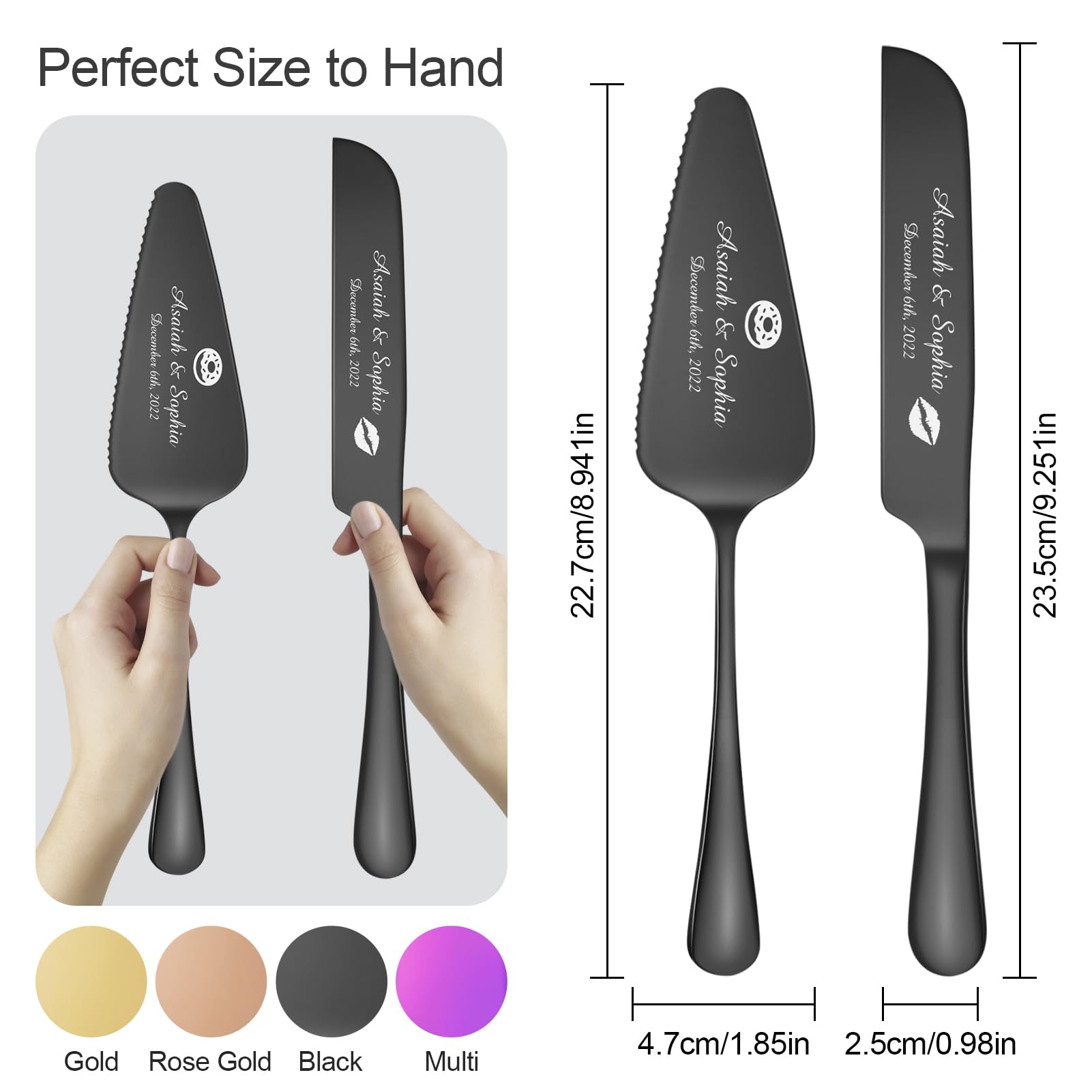 Atdesk Personalized Cake Cutting Set for Wedding, Stainless Steel Cake Knife and Server Set, Cake Cutter and Pie Server for Wedding, Birthday, Anniversary, Graduation Gift (Black)