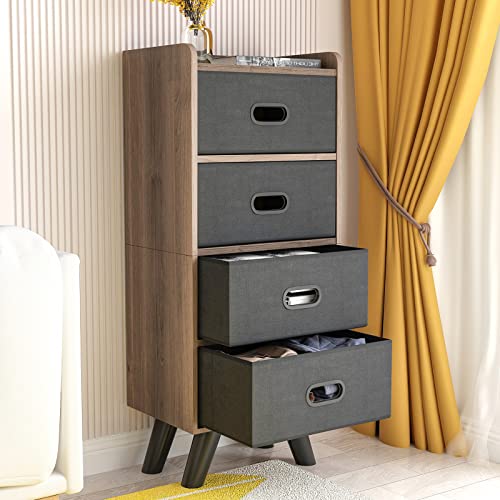 PKUGU Storage Drawers Tower with 4 Drawers, Wood Tall Nightstand with Drawer, Black Fabric Dressers for Closets, Storage Cabinet for Clothes, Vintage Rustic Dresser, Living Room, Hallway, Office