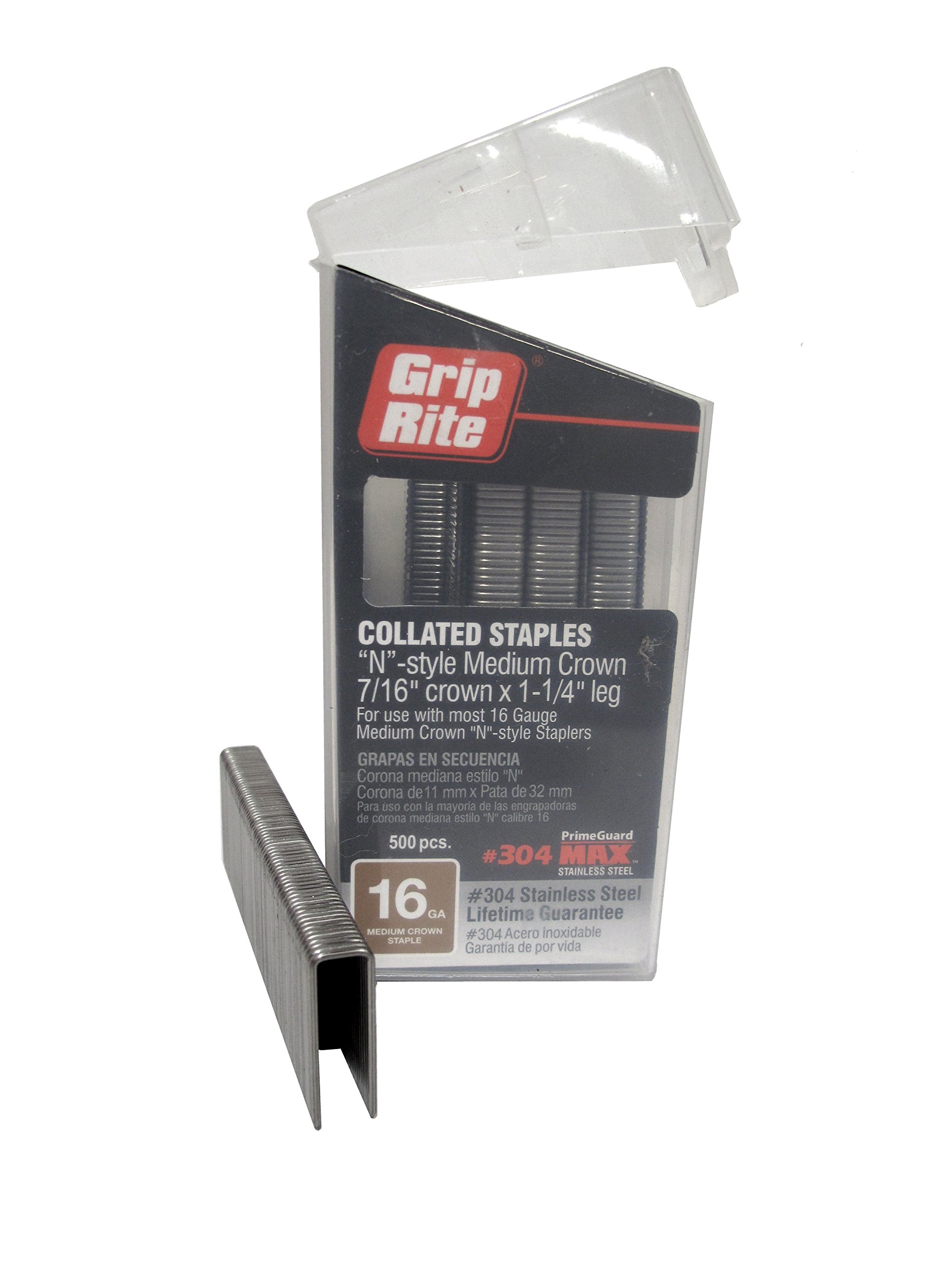 Grip Rite Prime Guard MAXB64890 16-Gauge 7/16" Medium Crown by 1-1/4" 304-Stainless Steel Staples in Belt Clip Box (Pack of 500)