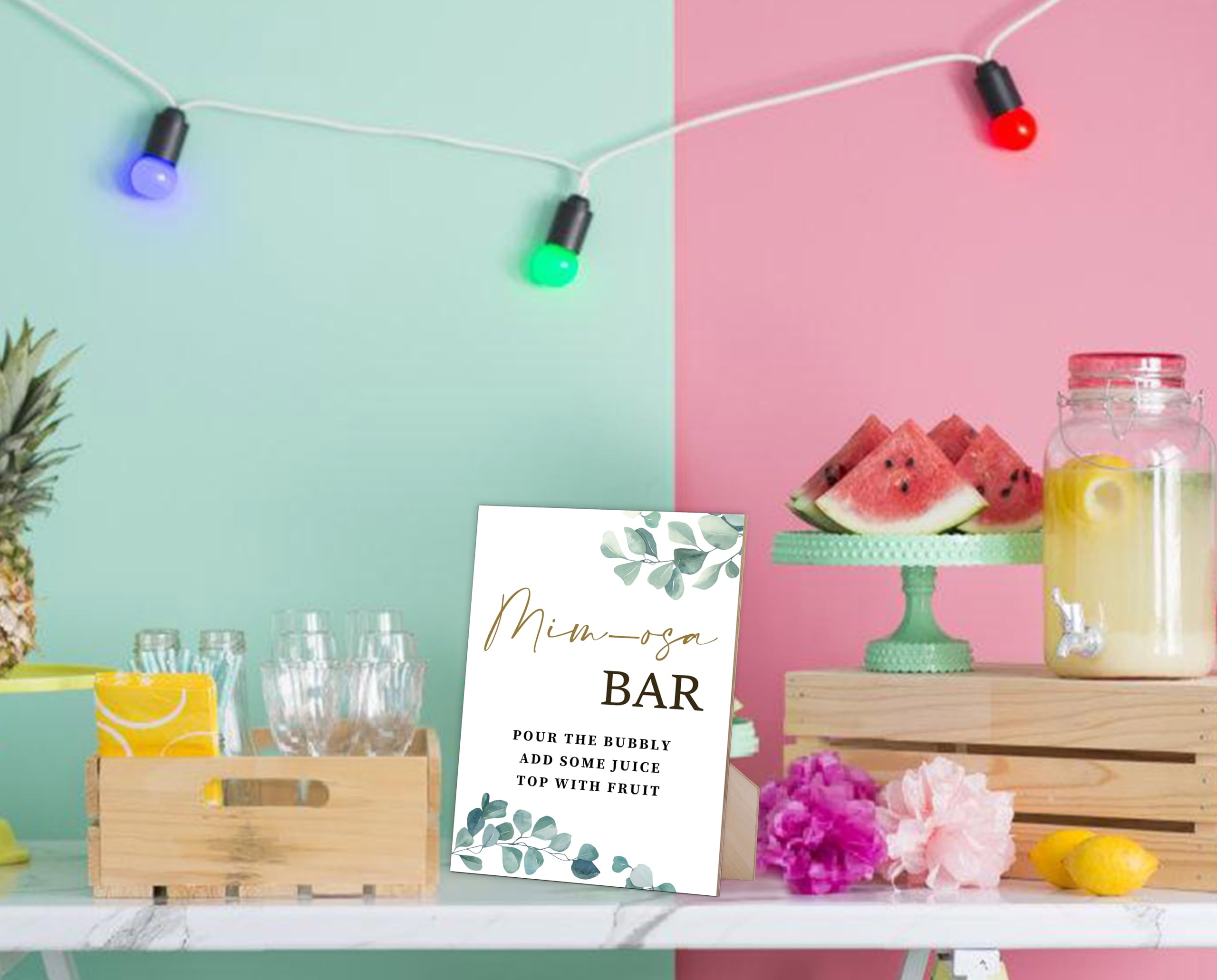 Greenery Eucalyptus Mimosa Bar Sign,Eucalyptus Mimosa Bar Decor,for Wedding Reception & Event Party,Table Centerpieces for Party Event,Bridal Shower Decor,Wedding Party Sign,Wood Signage With Stand,22