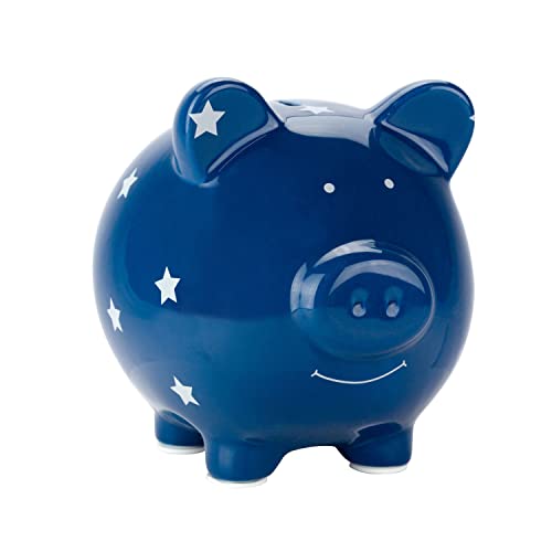 Pearhead Ceramic Piggy Bank, Baby Money Bank Keepsake, Modern Gender-Neutral Nursery Décor, Gift for Baby Girl Or Baby Boy, Blue with White Stars