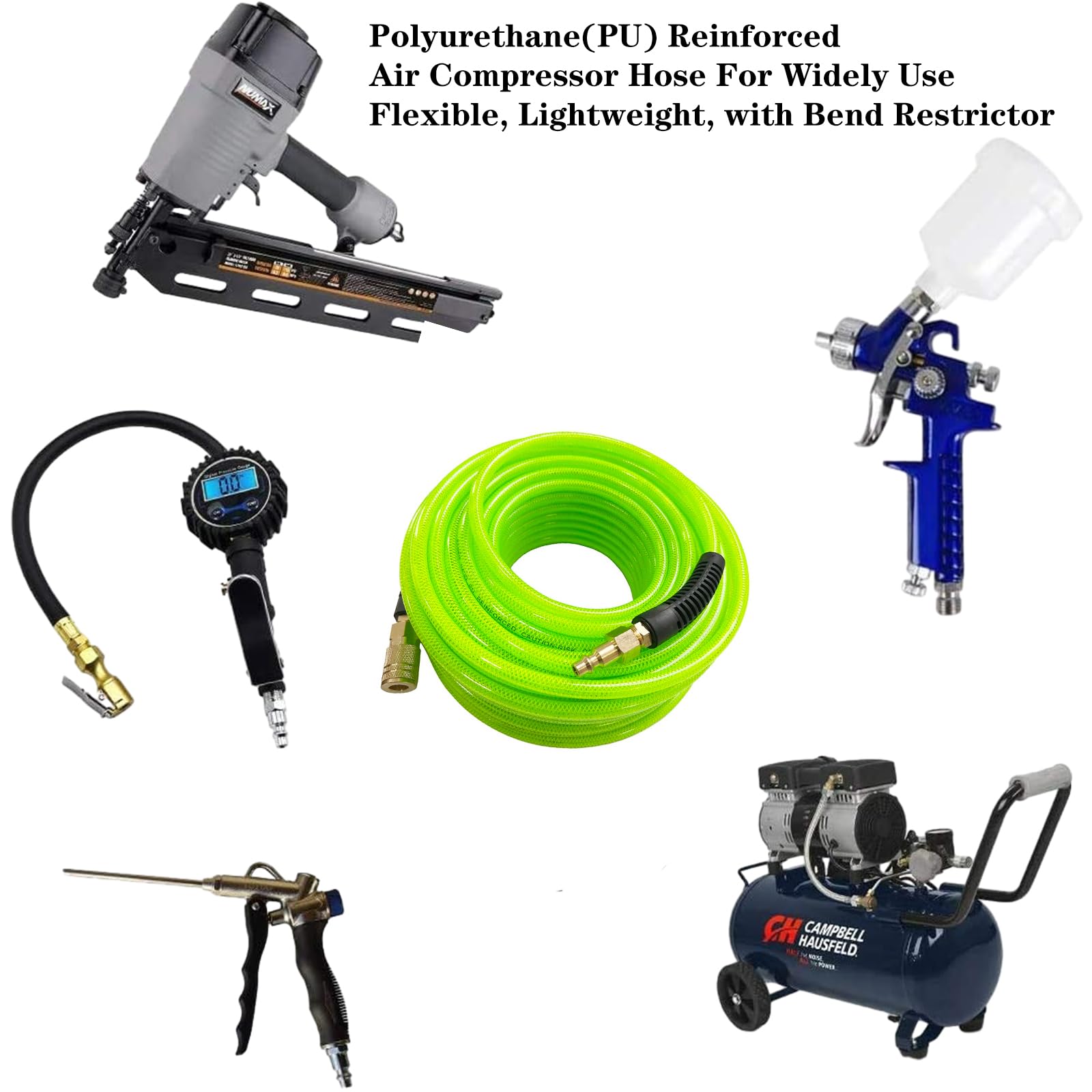 Air Hose 1/4 in x 100 ft, Polyurethane(PU), Reinforced Air Compressor Hose, Lightweight, Kink Resistant with 1/4β Industrial High Flow Quick Coupler&Plug, Bend Restrictors,300 PSI (100FT, White Green)