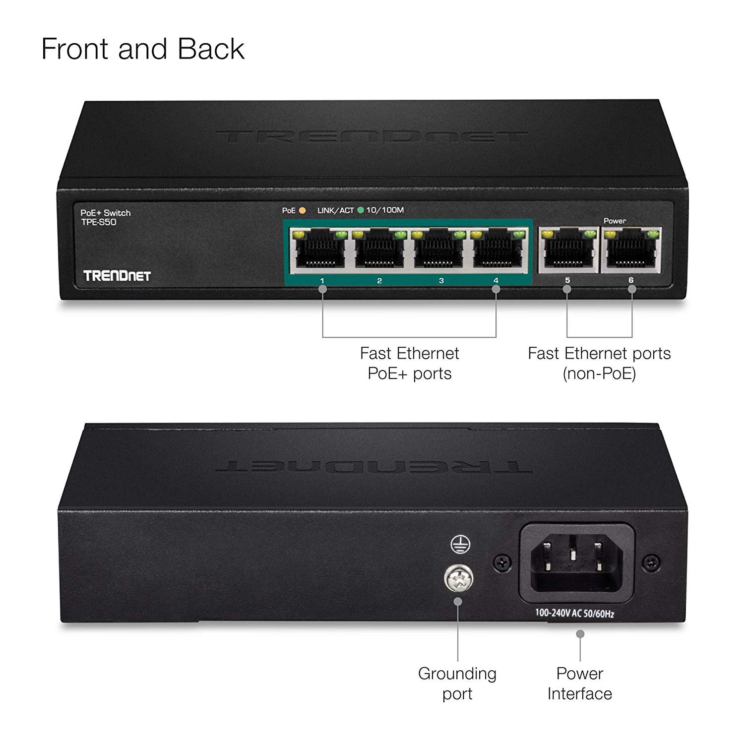 RENDnet 6-Port Fast Ethernet PoE+ Switch, TPE-S50, 4 x Fast Ethernet PoE Ports, 2 x Fast Ethernet Ports, 60W PoE Budget, 1.2 Gbps Switch Capacity, Ethernet Network Switch, Metal