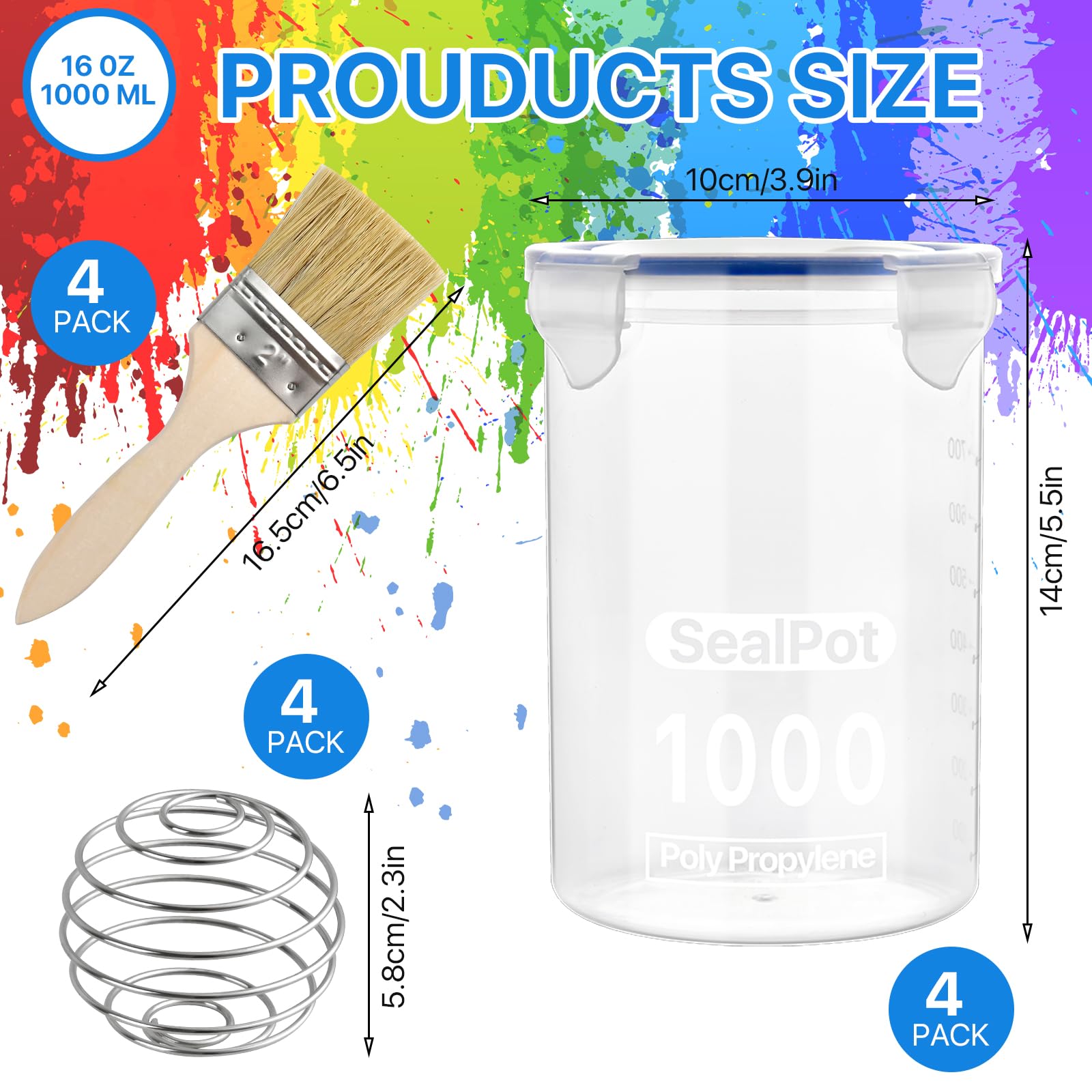 Akamino 4 Set Paint Storage,Touch up Paint Container with Stainless Steel Mixing Ball and Paint Brush, 1000ml Airtight Paint Cups Paint Container for Repainting Leftover Paint