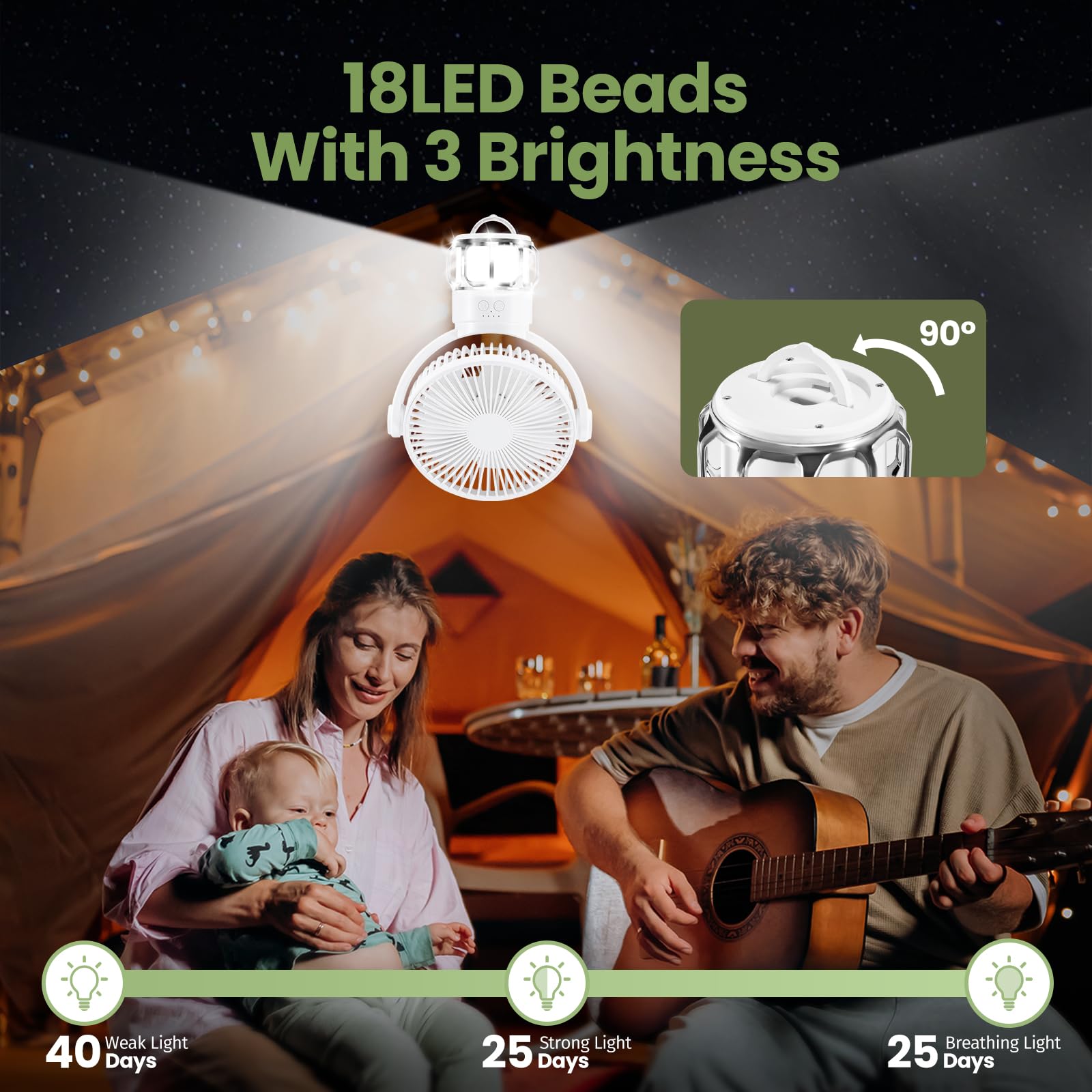 MAXEVE 3-in-1 Portable Camping Battery Powered Fan with LED Lantern, Fan 8H Timer 270°Rotation Battery Operated Fan, 10400mAh Rechargeable USB Desk Beach Fan with Hook&Tripod, Super Quiet