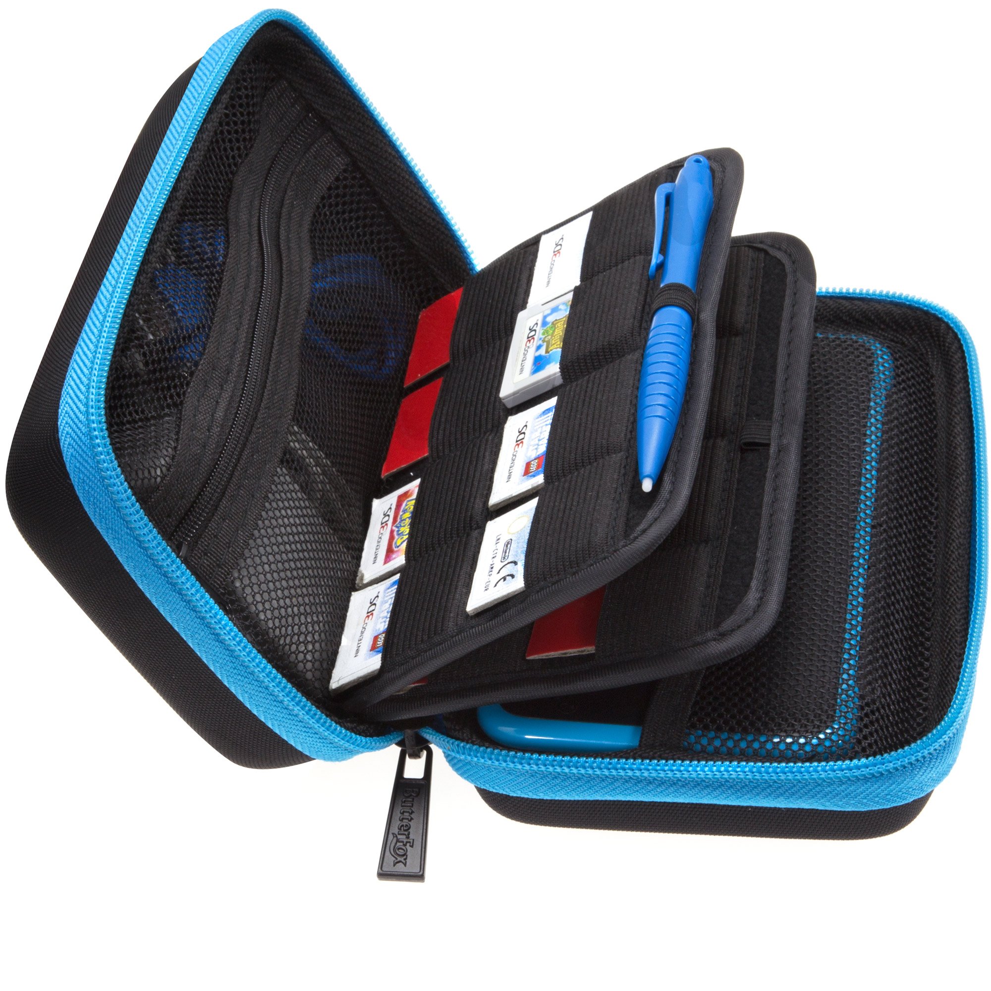 ButterFox Hard Carrying Case for New Nintendo 2DS XL + Large Stylus, Fits Wall Charger, 24 Game Cartridge Case Holder, Large Accessories Pocket - Black + Turquoise