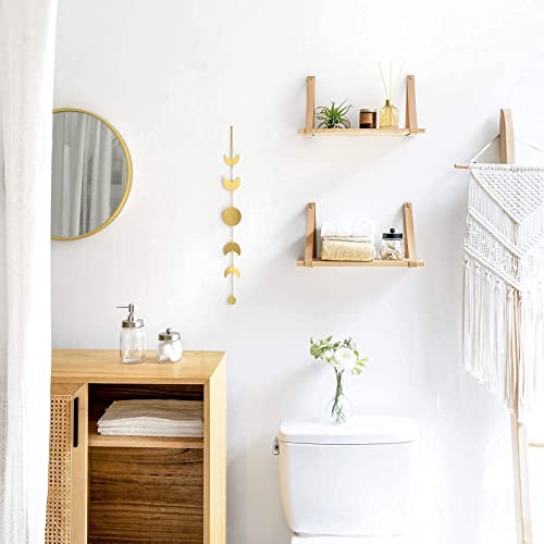 Mkono 4PCS Set - Hanging Shelf Wall Wood Floating Storage Shelves Leather Strap Swing Organizer Set of 2, and Macrame Storage Baskets for Baby Nursery Room Decor