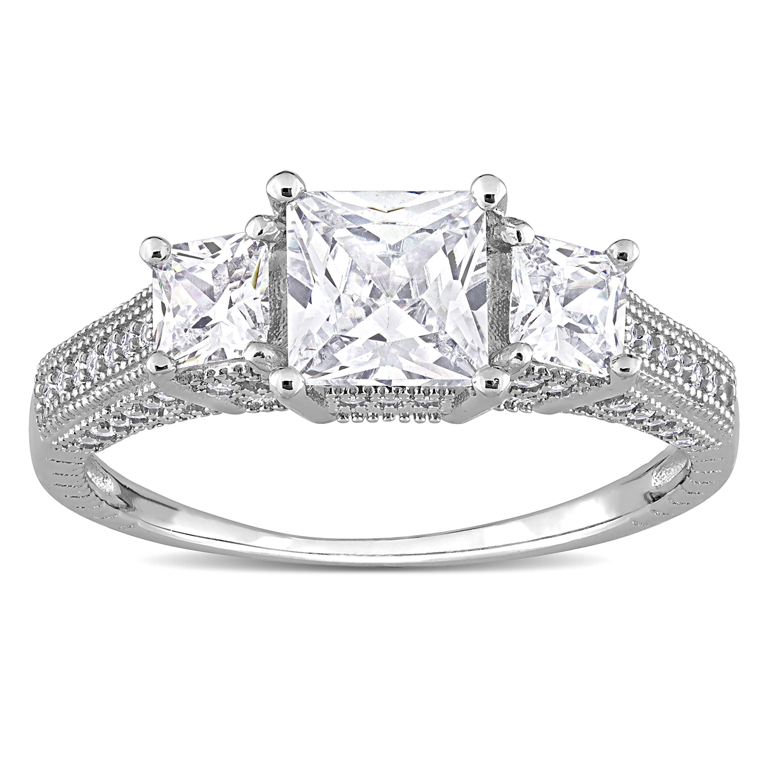 Abbie+Cleo Radiant Shape Cubic Zirconia 3-Stone Statement Engagement Ring in Rhodium Flash Plated Sterling Silver, Size 5