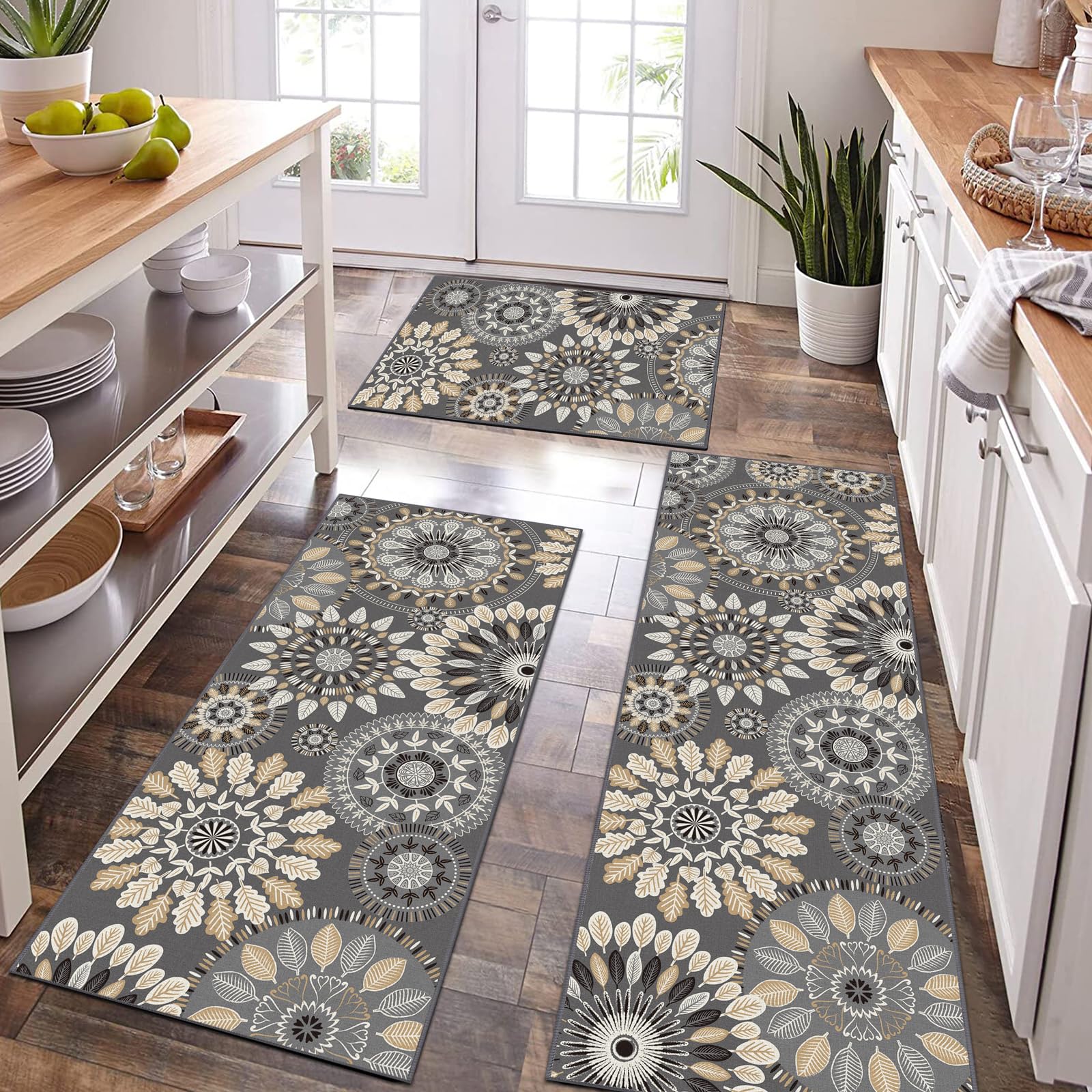 Bsmathom Farmhouse Kitchen Rug Sets 3 Piece, Non Slip Kitchen Rugs and Mats Set, Boho Kitchen Mats for Floor, Vintage Washable Kitchen Floor Rugs for Hallway Laundry Room