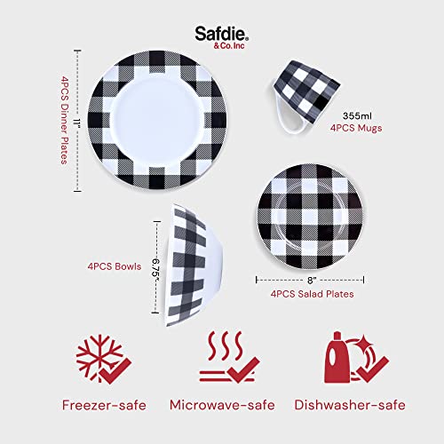 Winter Frost White, Black Modern Kitchen Dinnerware Sets, Indoor and Plates, 16-Piece Plaid Kitchen Plates and Bowls Set with Mugs, Dishwasher Safe