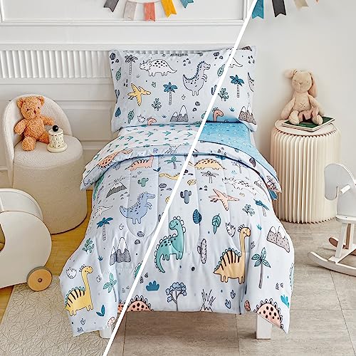 Joyreap 4 Piece Toddler Bedding Set, Cute Dinosaur on Light Blue, Ultra Soft Microfiber Toddler Comforter for Kids Boys Girls, Includes Quilted Comforter, Fitted Sheet, Top Sheet, and Pillow Case