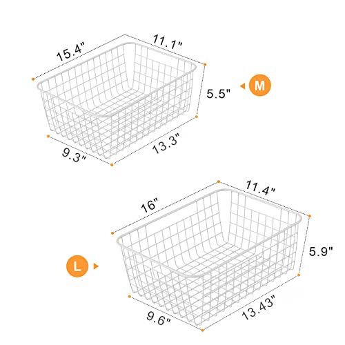 Wire Storage Baskets, iSPECLE 4 Pack Large Metal Wire Baskets Pantry Organization and Storage with Handles, Freezer Organizer Bins for Pantry Kitchen Shelf Laundry Cabinets Garage, White