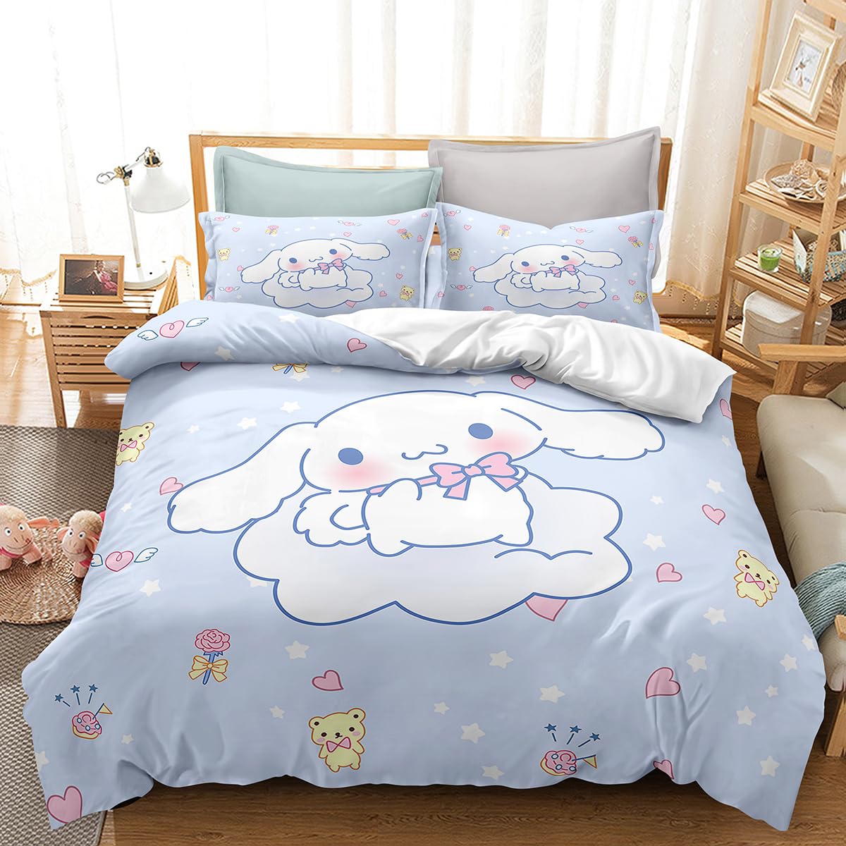 SHUOHONG 3D Printed Duvet Cover Set Cinnamoroll 3 Piece Bedding Set Cover Set with Zipper for Bedding Decor Breathable Durable Soft Comfortable(Twin)